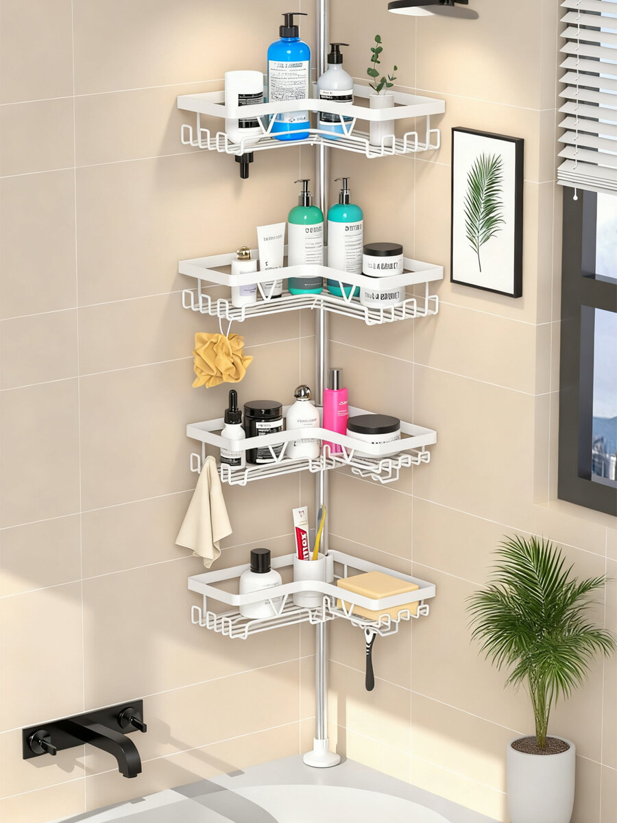 Стеллаж для ванной, нержавеющая сталь, угловой, 4 полки, белый