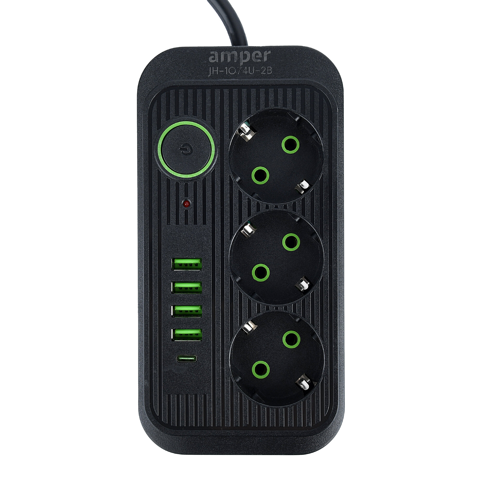 Сетевой удлинитель Amper,4,0м, 3 розетки, 3*0,75мм, 10А, 2500 Вт, 4usb, 1Type-C, черный.