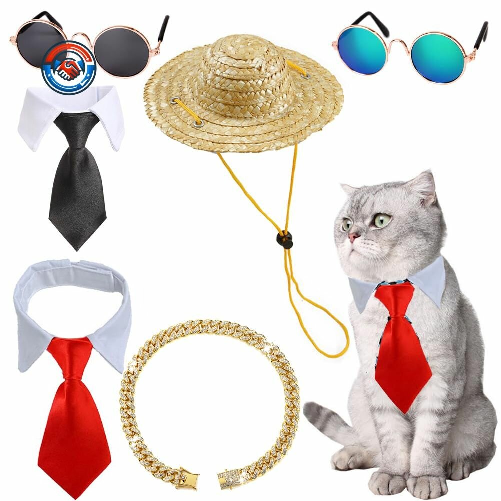 Нарядный комплект аксессуаров для кошек и собак, галстук-бабочка, очки, шляпа и золотая цепочка, регулируемый размер, фотосессия, праздник, милый образ