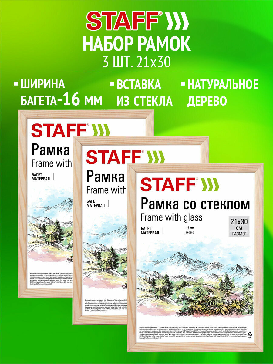 Рамка для фото А4, фоторамка 21х30 см для фотографий, картин, грамот, вышивки со стеклом набор 3 штуки, багет 16мм натуральное дерево, Staff, цвет натуральный, 391386