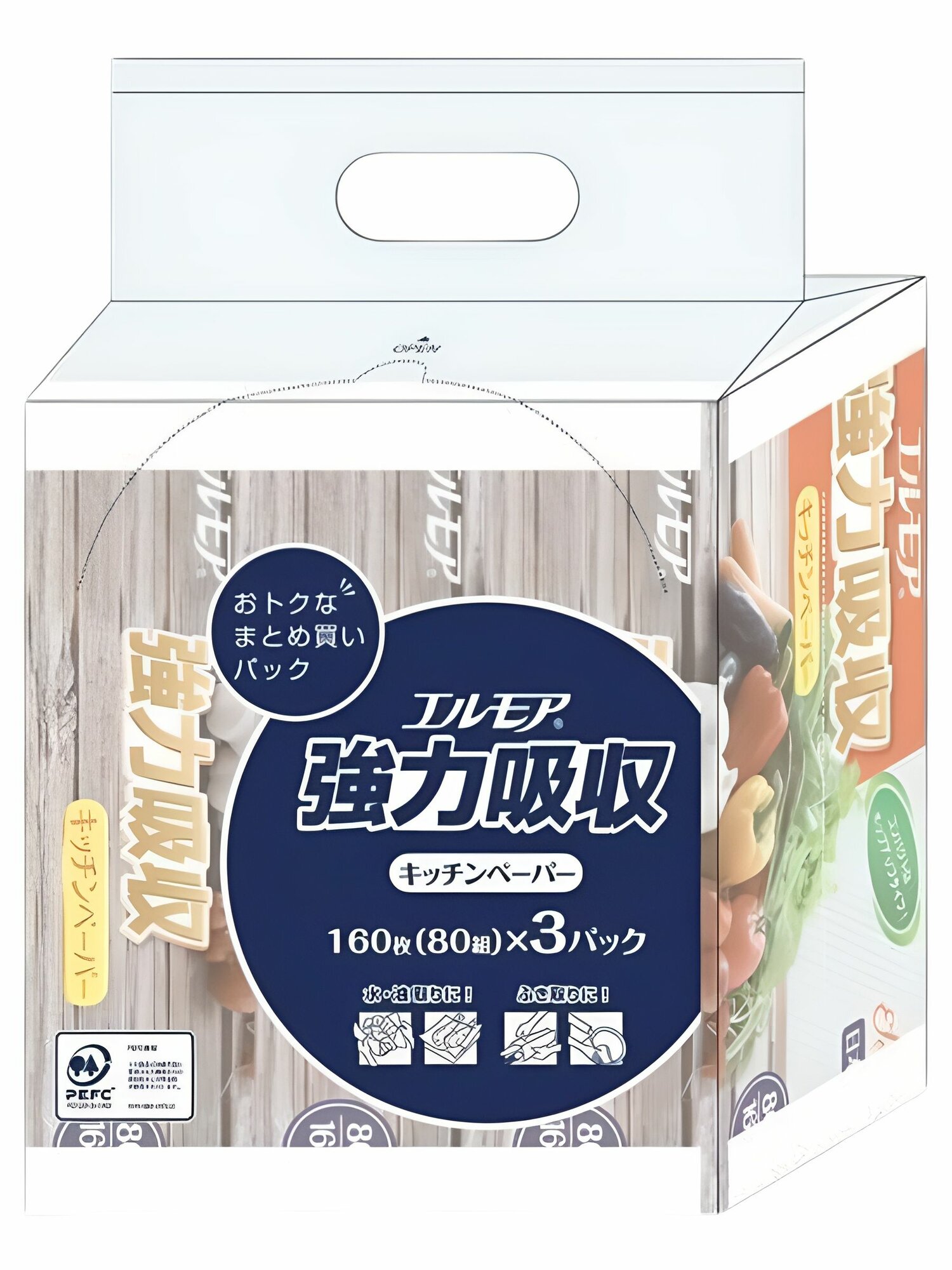 Kami Shodji ELLEMOI Бумажные двухслойные полотенца для кухни 80 листов 3 упаковки, Япония