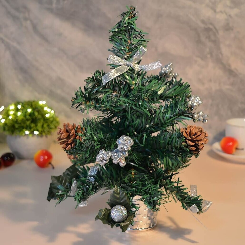 Елка настольная 30см в серебристом горшке с украшениями, искусственная хвоя