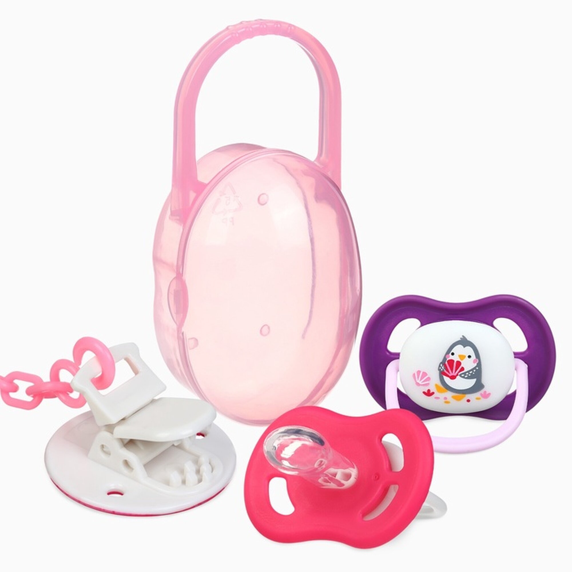 Соска - пустышка анатомическая "Для девочки" +6 мес, 2 шт, держатель 1 шт. + контейнер.