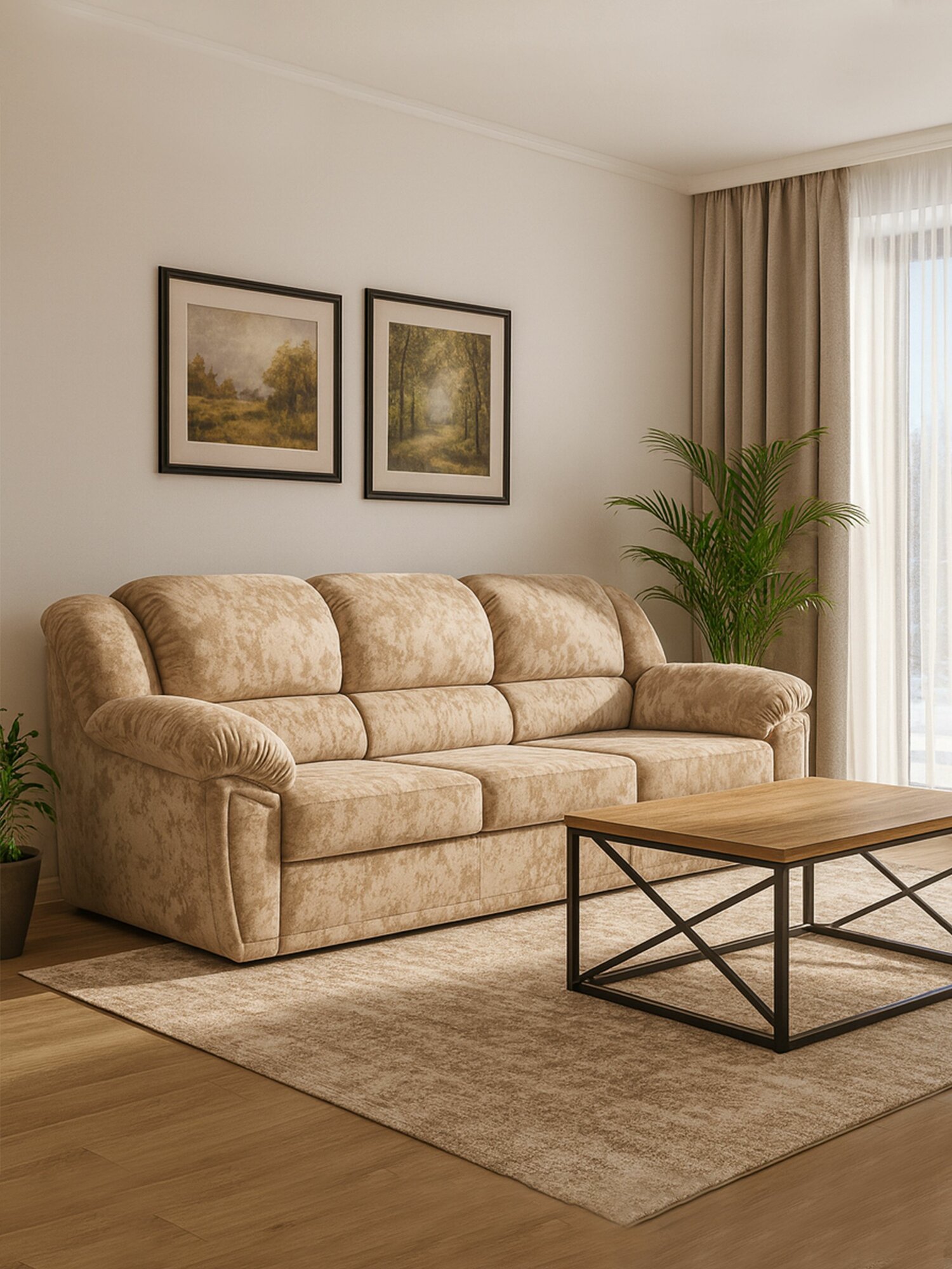 Диван Мадрид, прямой, раскладной, антивандальный, с подлокотниками, бежевая обивка, 237 х 98 х 102 см