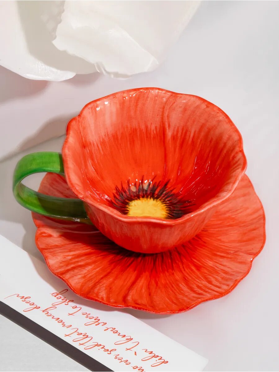 Чайная пара HHODD "Цветок мака", керамика, цвет красный, 290мл, в наборе чашка и блюдце