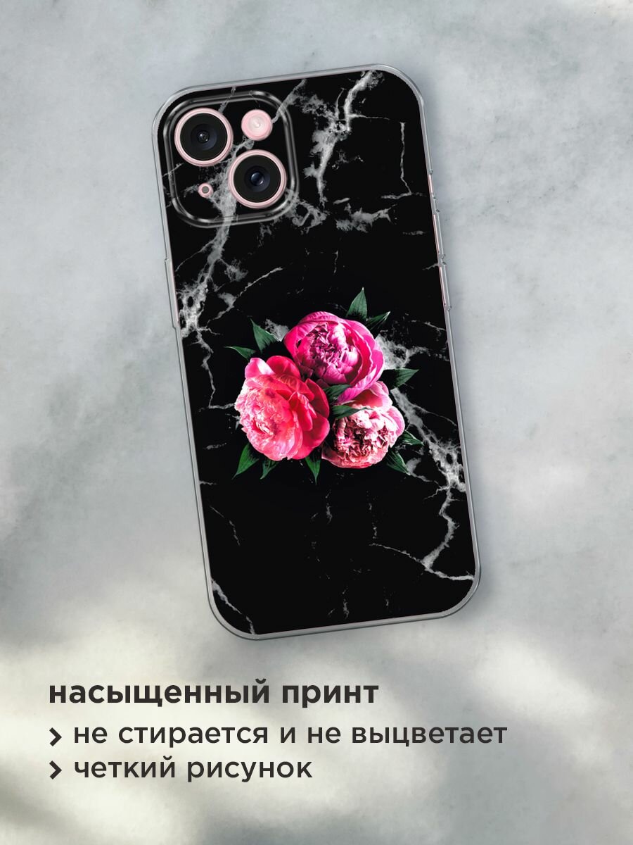 Чехол на Apple iPhone 15 / Айфон 15 с принтом "Букет на черном мраморе" — фото 1