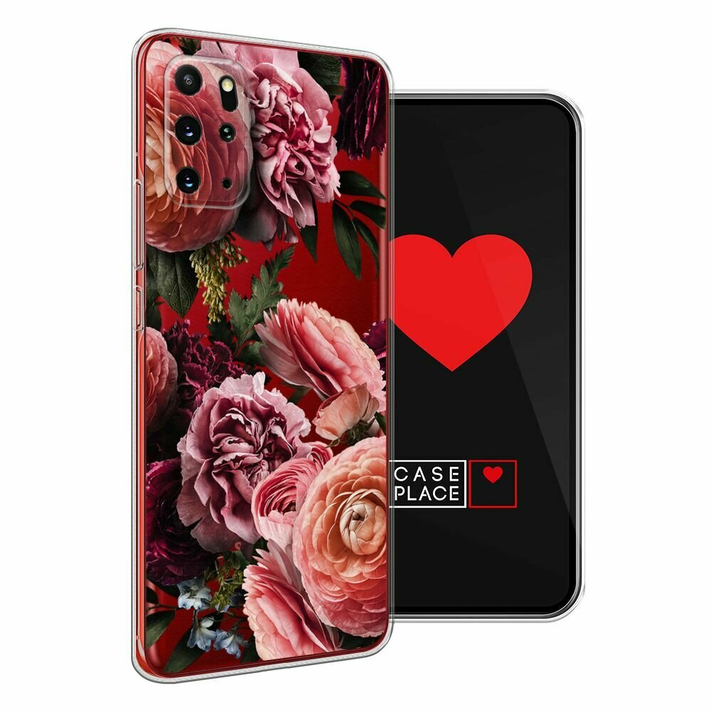 Чехол на Samsung Galaxy S20 + / Самсунг Галакси S20 Плюс с принтом "Бордовые винтажные цветы", прозрачный — фото 1