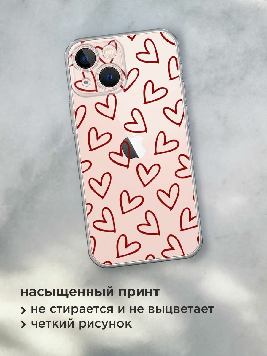 Чехол на Apple iPhone 13 mini / Айфон 13 мини с принтом "Little hearts doodles 2 - 14 февраля", прозрачный — фото 1