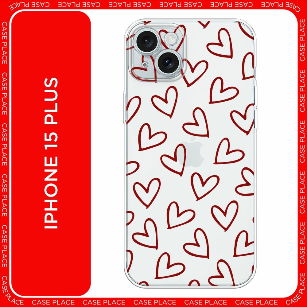 Чехол на Apple iPhone 15 Plus / Айфон 15 Плюс с принтом "Little hearts doodles 2 - 14 февраля", прозрачный