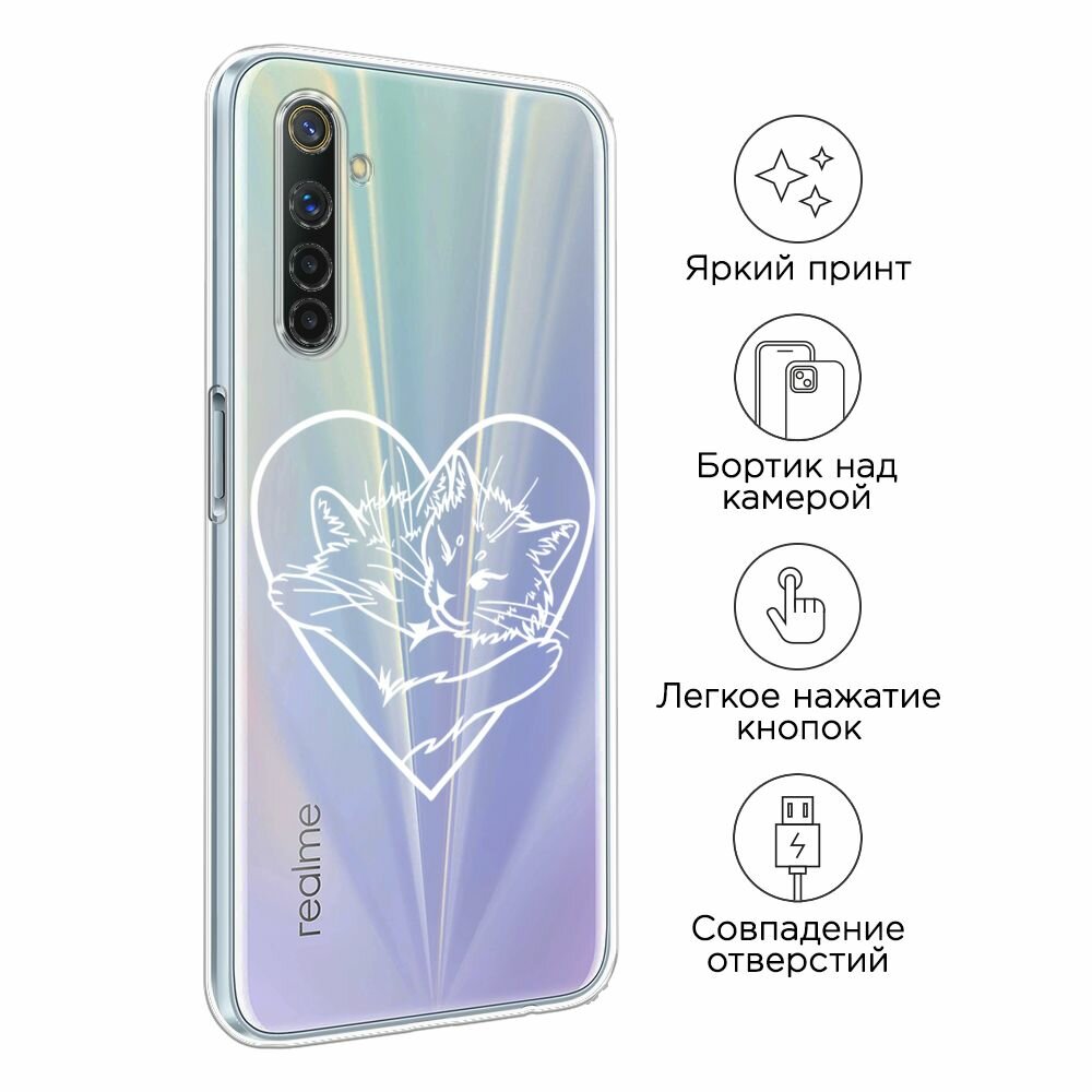 Чехол на Realme 6 / Реалми 6 с принтом "Влюблённые котики рисунок 2 - 14 февраля", прозрачный — фото 1