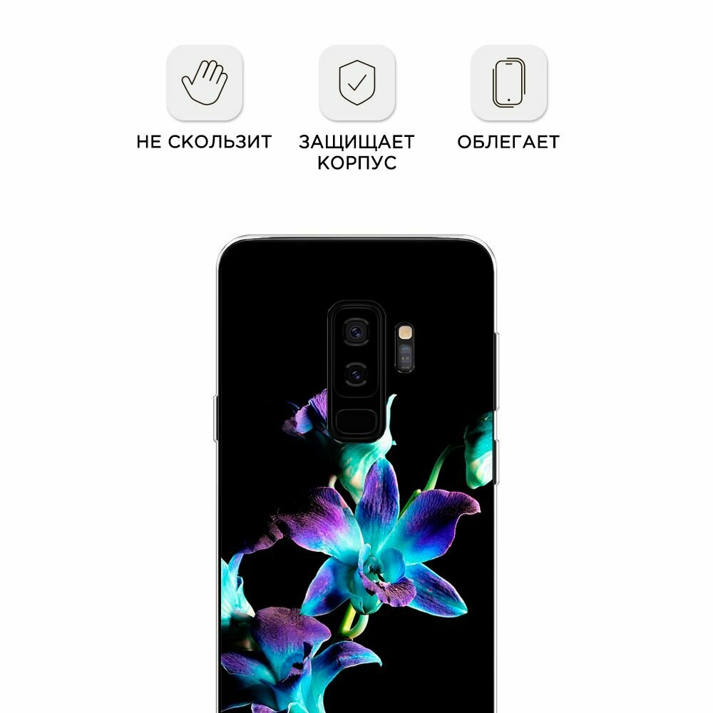 Чехол на Samsung Galaxy S9 + / Самсунг Галакси С9 Плюс с принтом "Синий цветок на черном" — фото 1