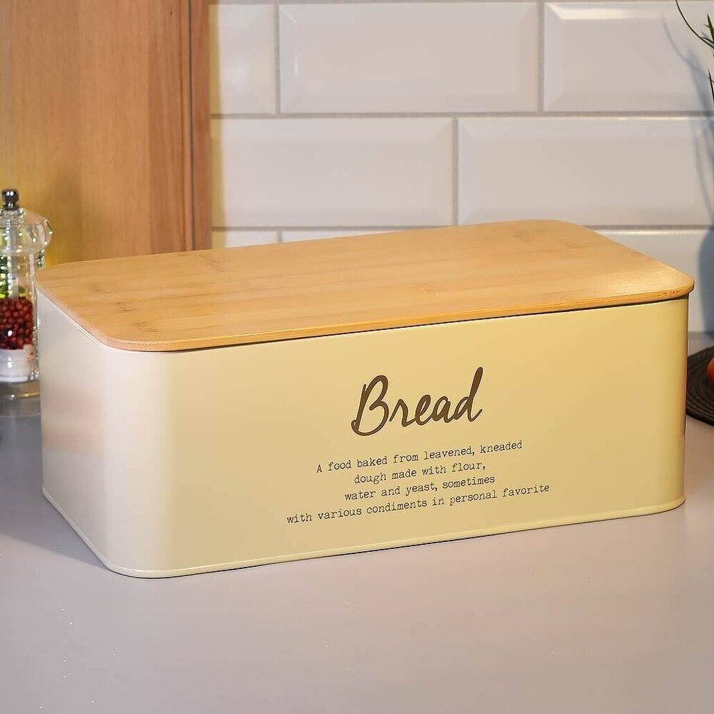 Хлебница "Арктик" 2в1, 6л, бежевый корпус, деревянная крышка, 34x18x12.5см