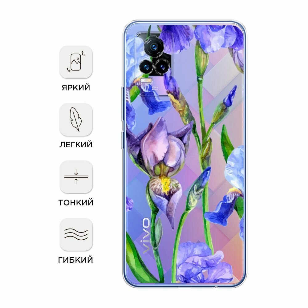 Чехол на Vivo V21e 4G / Виво V21e 4G с принтом "Синие ирисы", прозрачный — фото 1