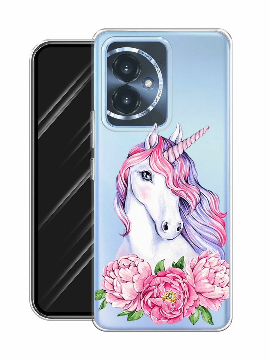 Чехол на Honor 100 / Хонор 100 с принтом "Единорог с пионами", прозрачный — фото 1
