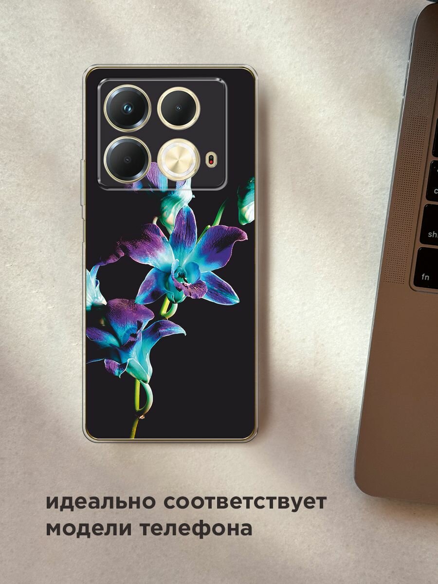 Чехол на Infinix Note 40 / Инфиникс Нот 40 с принтом "Синий цветок на черном" — фото 1