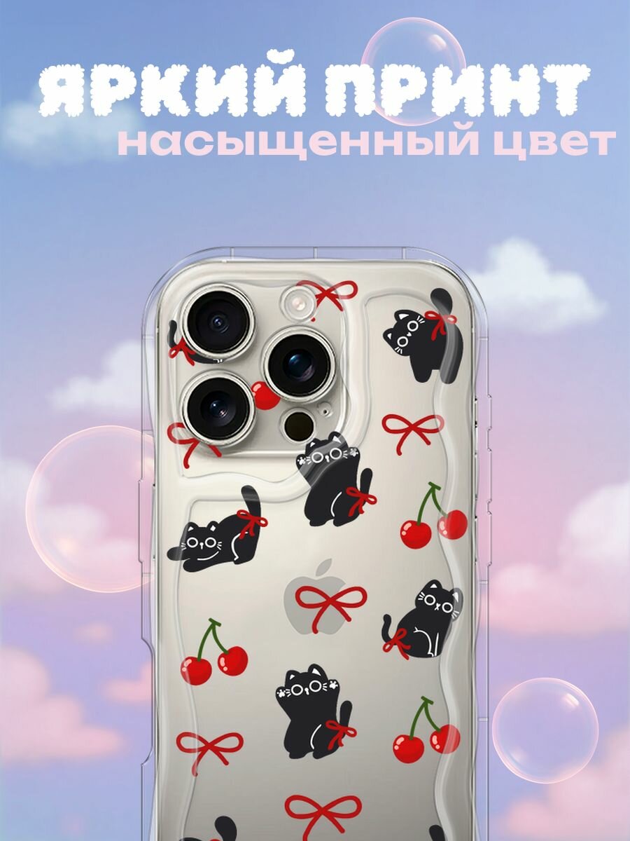 Чехол на Apple iPhone 16 Pro / Айфон 16 Про с принтом "Котик, вишня и бантики" — фото 1