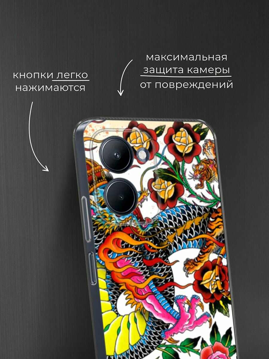 Чехол на Realme C33 / Реалми С33 с принтом "Дракон в цветах" — фото 1