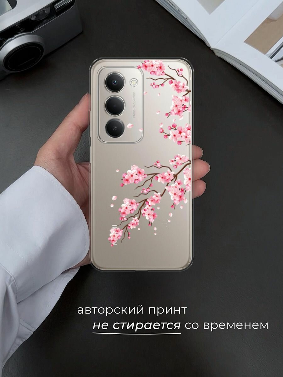 Чехол на Xiaomi Redmi 15 / Сяоми Редми 15 с принтом "Цветущая ветка сакуры рисунок", прозрачный — фото 1