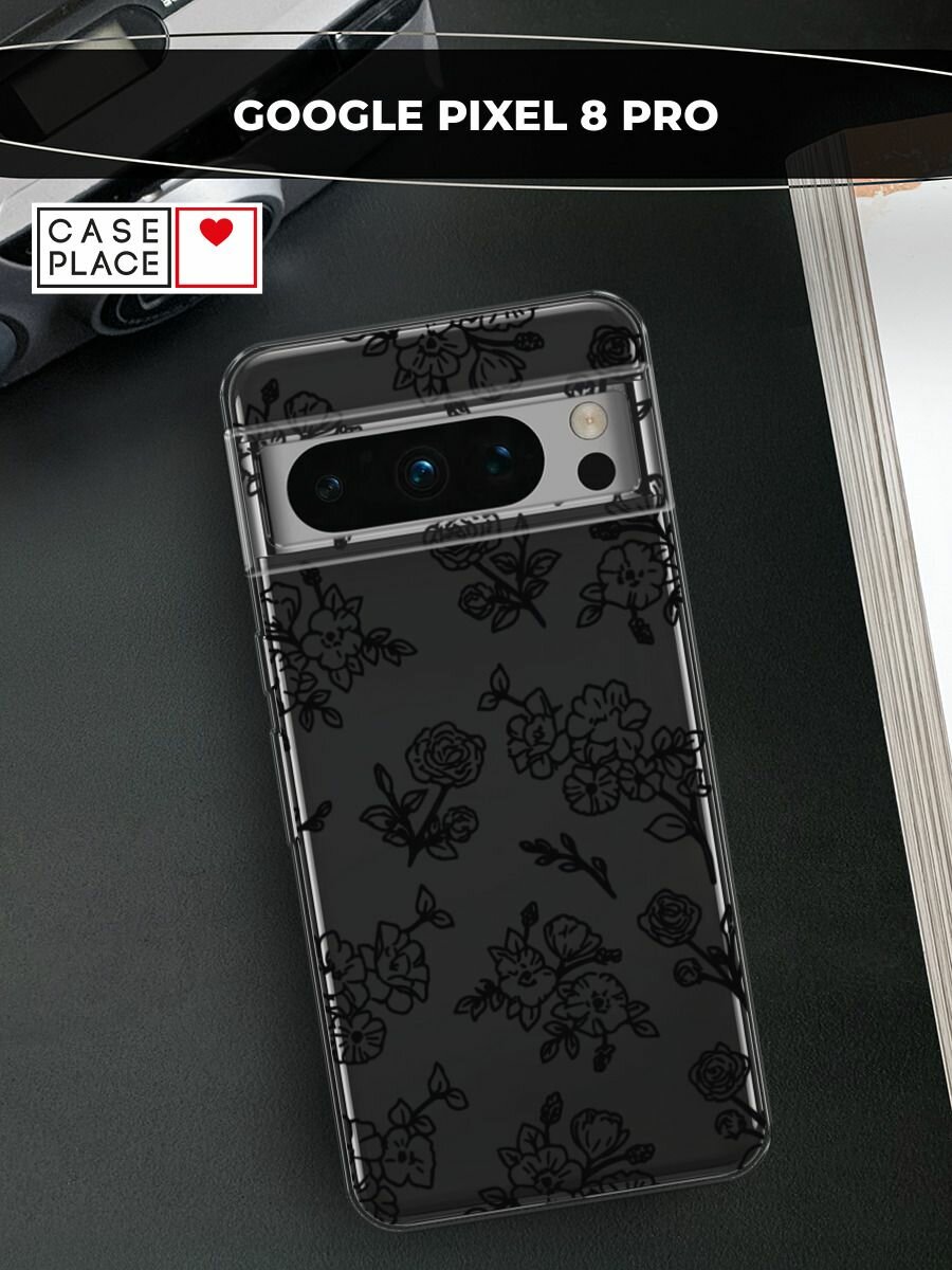 Чехол на Google Pixel 8 Pro / Гугл Пиксель 8 Про с принтом "Черные розы паттерн", прозрачный