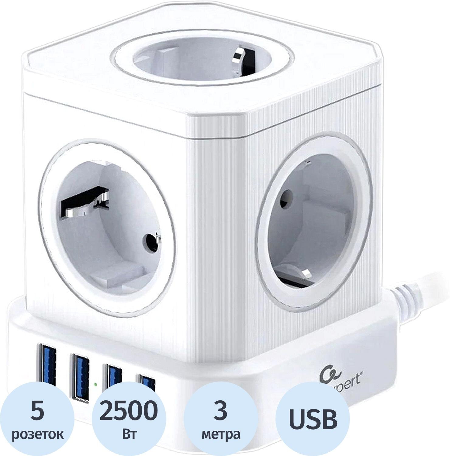 Сетевой фильтр Cablexpert Tower, 5 розеток, 3 м, 10 А, 4хUSB, белый
