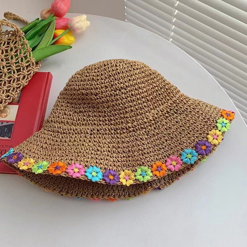 Цветочная соломенная шляпа женская летняя корейская стильная дышащая маленькая соломенная шляпа для рыбака с открытыми глазами, морской отдых, шляпа с большими полями, оптовая продажа