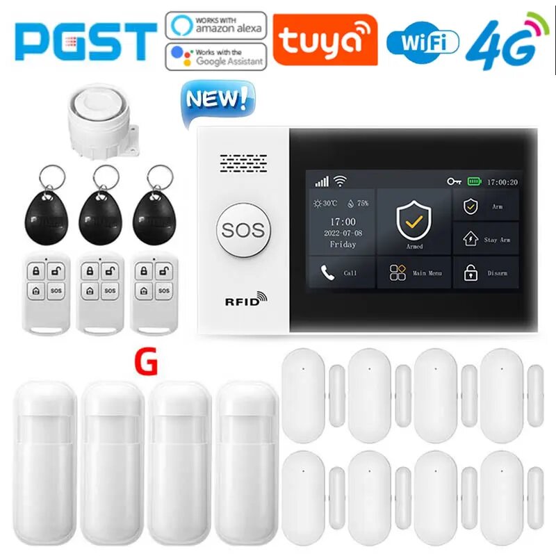 PGST 4G WIFI GSM домашняя сигнализация Tuya беспроводной комплект противоугонной сигнализации с датчиком движения охранная поддержка Alexa