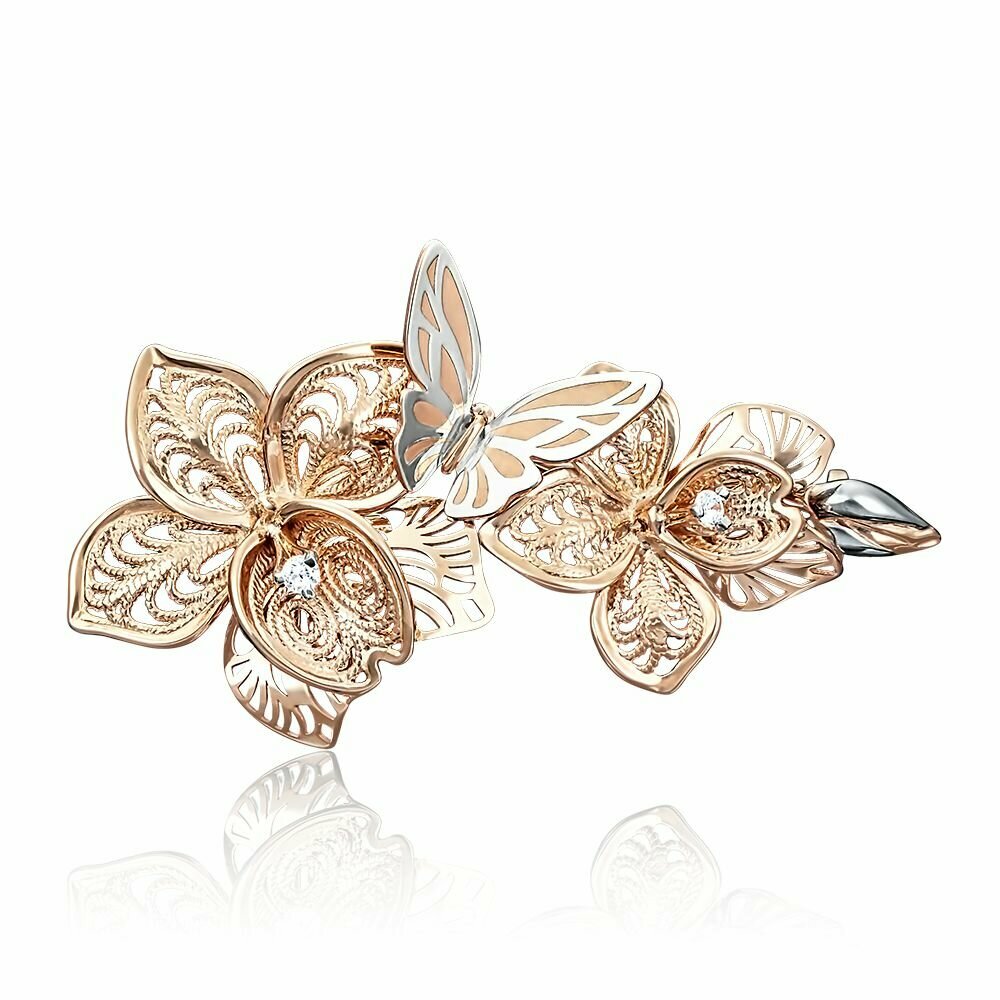 Брошь, красное золото, 585 проба, фианит