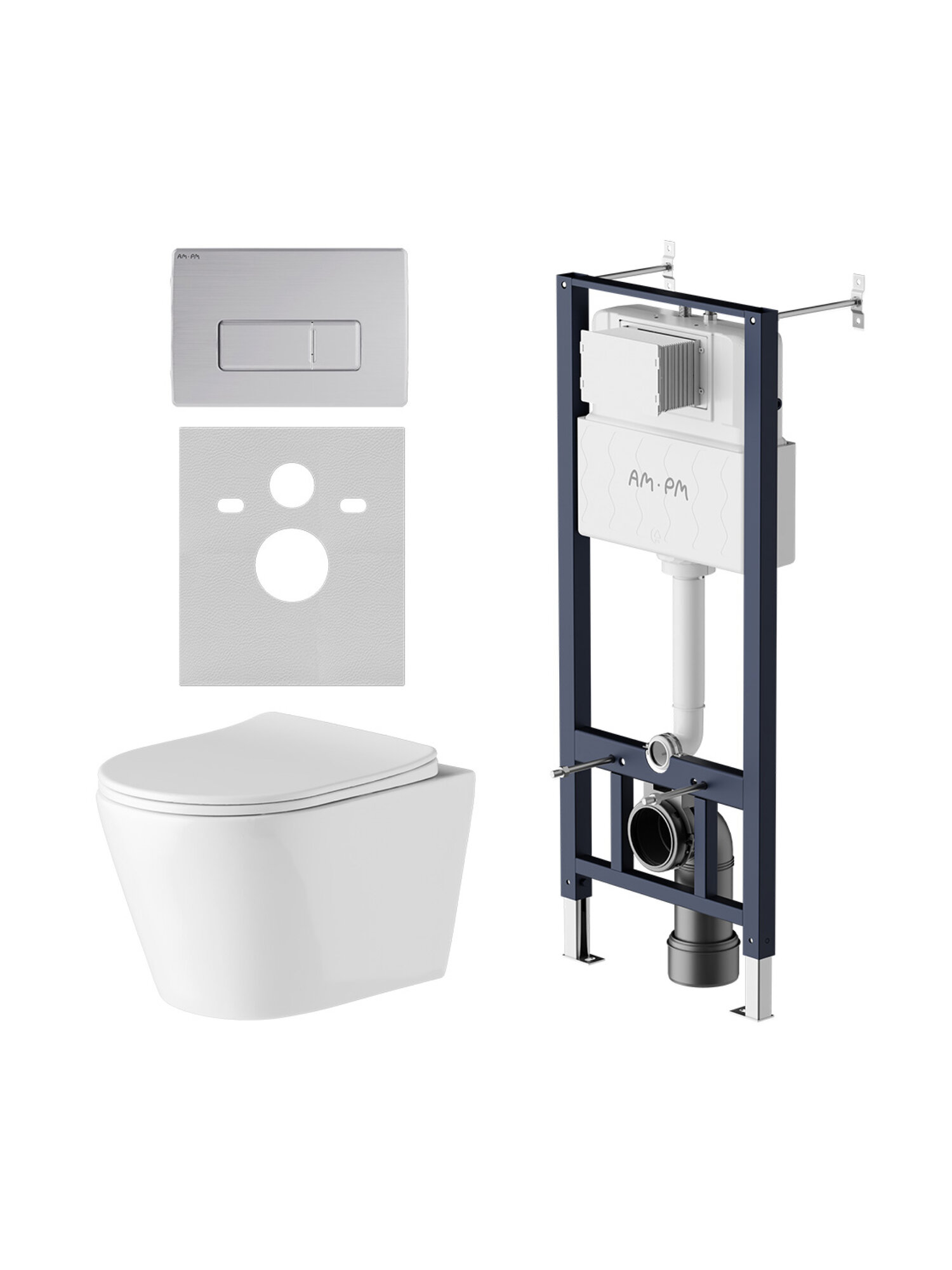 Инсталляция с подвесным унитазом Damixa Octans с сиденьем микролифт, клавиша, никель матовый