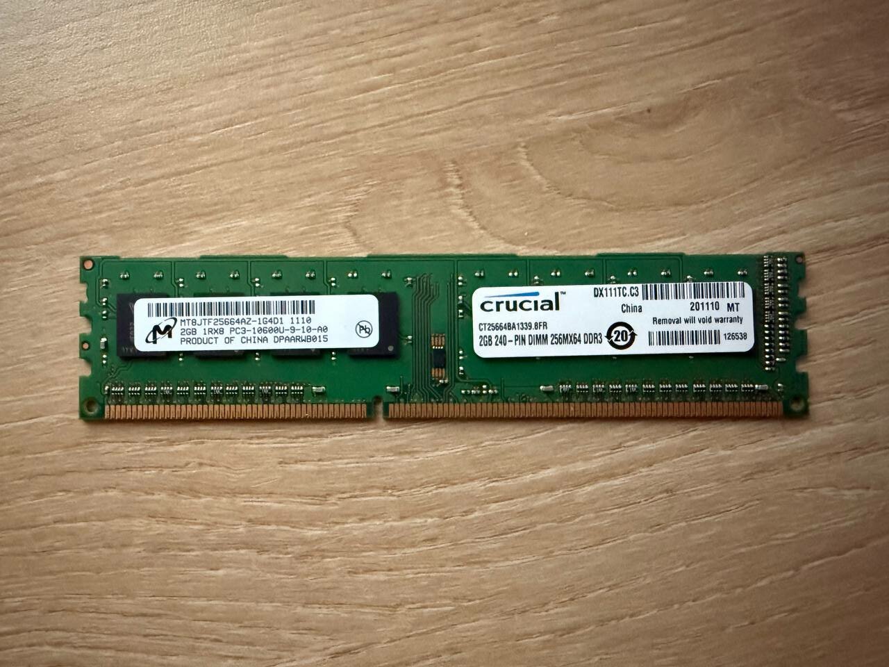 Оперативная память MICRON CRUCIAL 2GB DDR3 PC3-10600U 1RX8, 9-10-A0