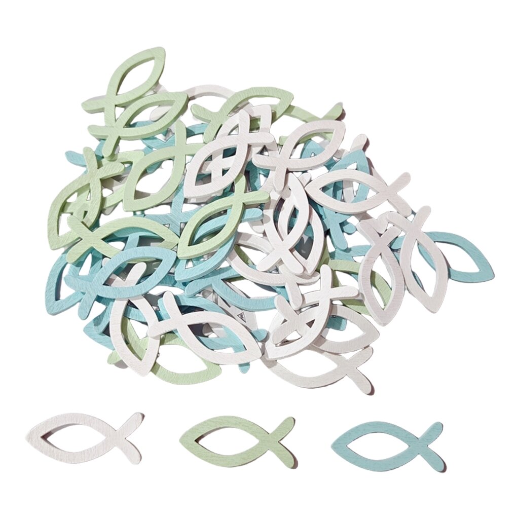 90 штук деревянных рыбок для декора стола на причастие