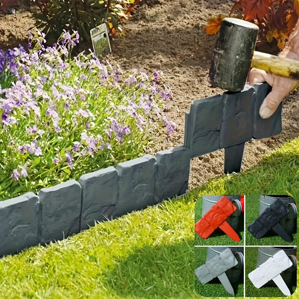 Декоративный заборчик садовый с эффектом камня, бордюр садовый под камень: легкое ограждение для клумбы и газона с монтажом молотком