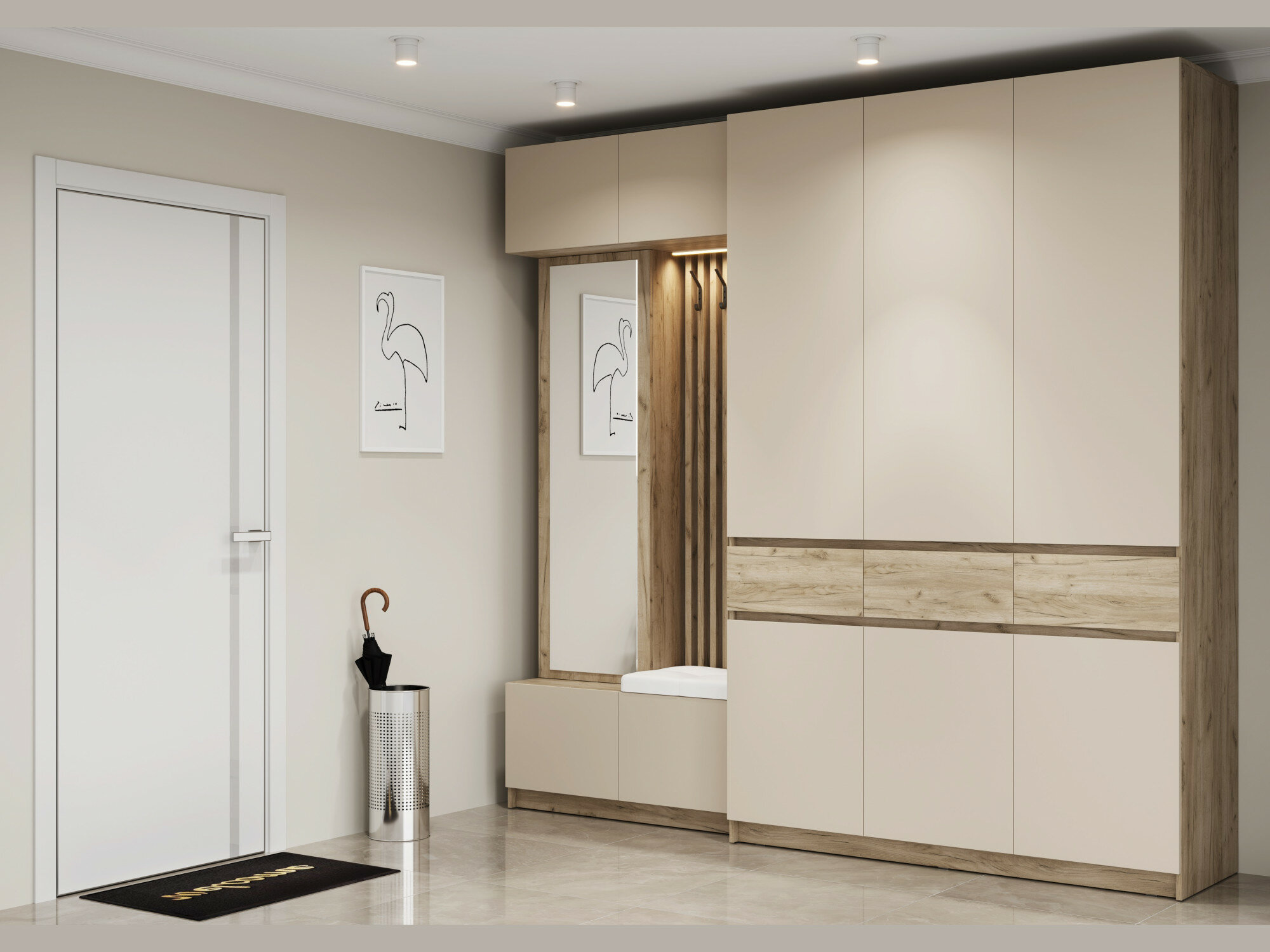 Модульная прихожая ЛДСП с трехдверным шкафом, 250x51x236, крафт серый/кашемир