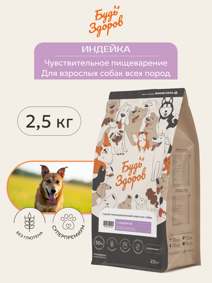 Будь здоров Корм для пожилых собак, кастрированных, склонных к полноте с индейкой, Крупная гранула (2,5 кг)