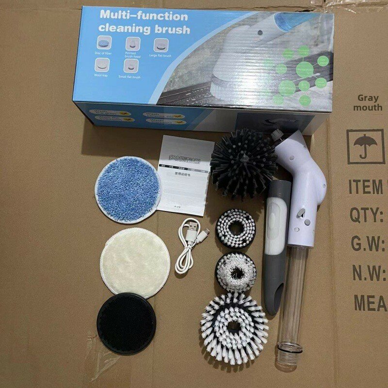 Беспроводной электробритва для уборки в ванной комнате ручная длинная ручка автоматическое вращение выдвижная щетка для уборки ванной комнаты щетка для пола (Белая с жидкостью 6 головок)