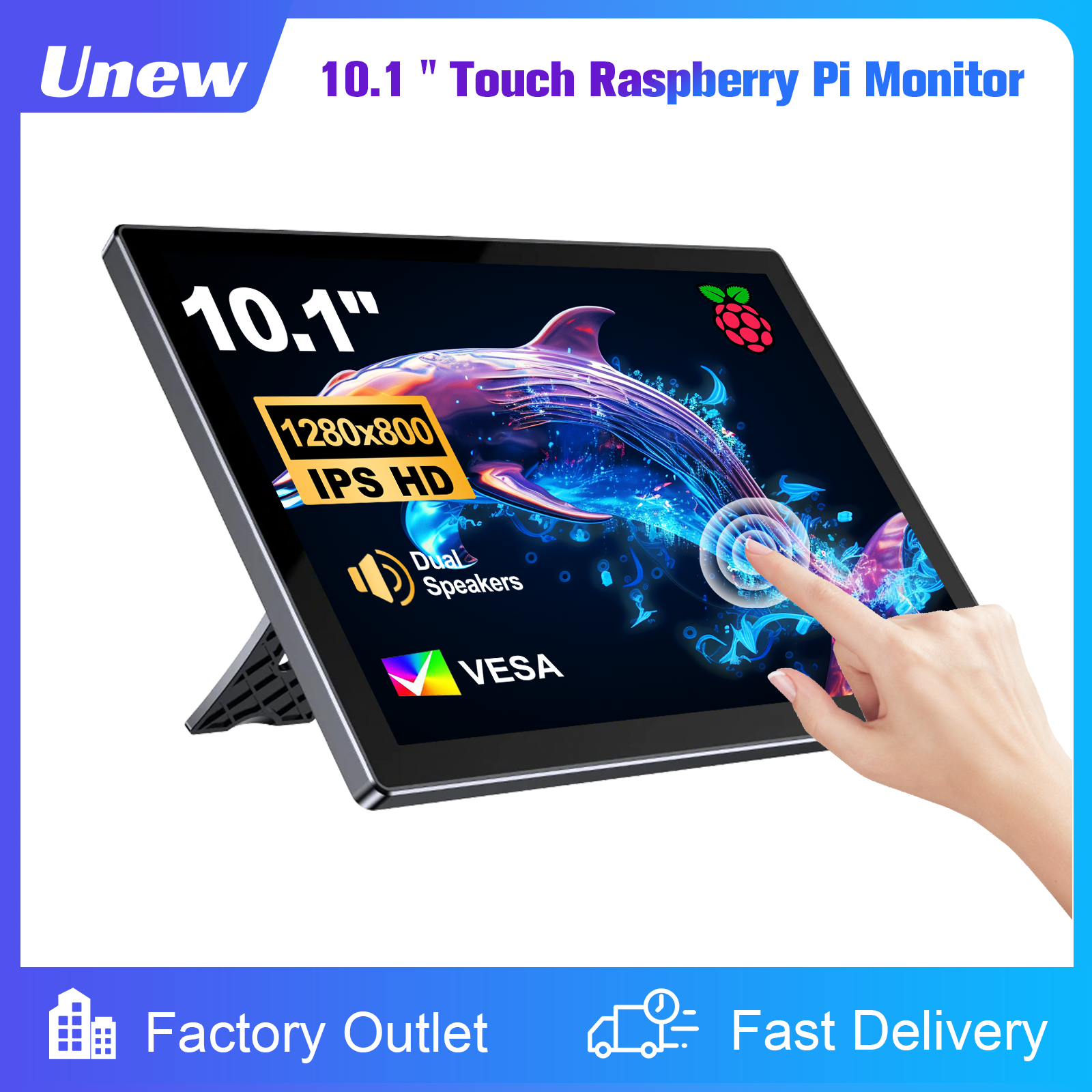 Портативный монитор UNEW, для Raspberry Pi, 10.1", 1280х800, 60 Гц, глянцевое покрытие