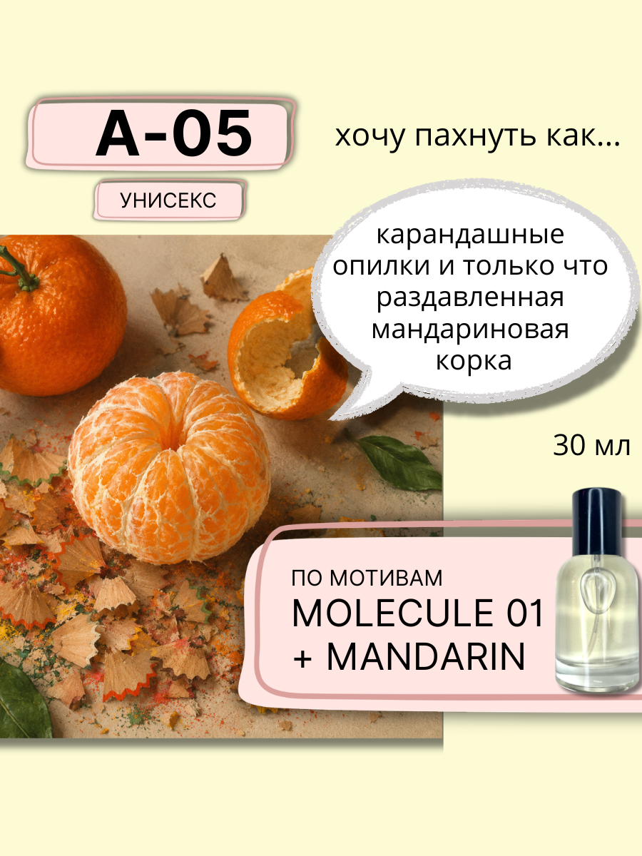 Духи Molecule 01 + Mandarin от Aromat Perfume, A-05 Extrait de Parfum, 30 мл, унисекс, цитрусовые