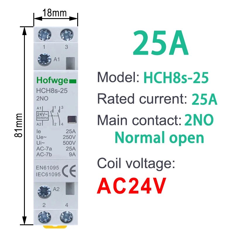 Контактор HOFWGE HCH8s-25 220В 25A 2NO AC24V