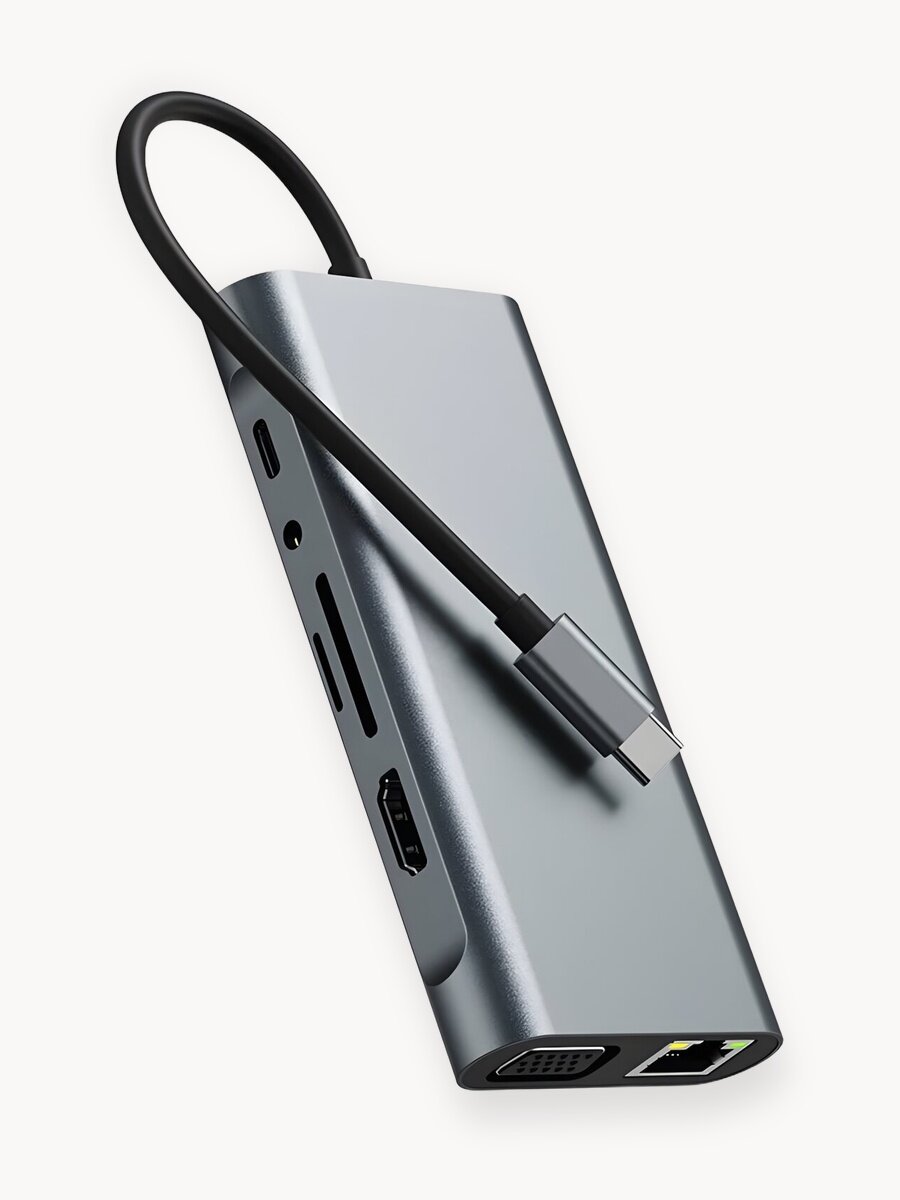 Док-станция, переходник 11 в 1, HDMI с поддержкой 4К, VGA, USB, Type-C, AUX, LAN 100 Мбс