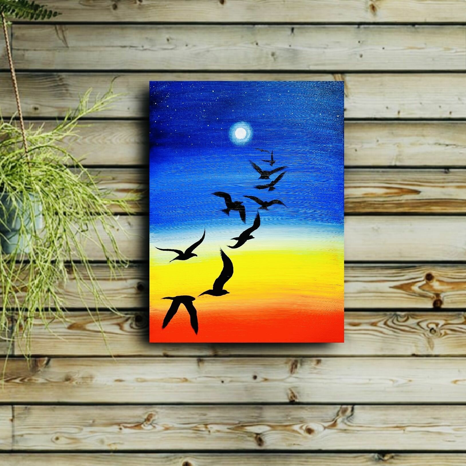 Минималистичная картина на стену, интерьерная картина, закат, птицы, ночной пейзаж, луна