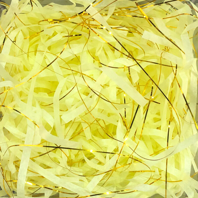 Декоративное наполнение подарочной коробки. Наполнитель бумажный для оформления подарков с золотой рафией, желтый, 500 грамм