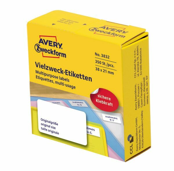 Самоклеящиеся этикетки Avery Zweckform [3832] в диспенсере для оформления от руки (белые, 38х21 мм, 350 шт/уп)