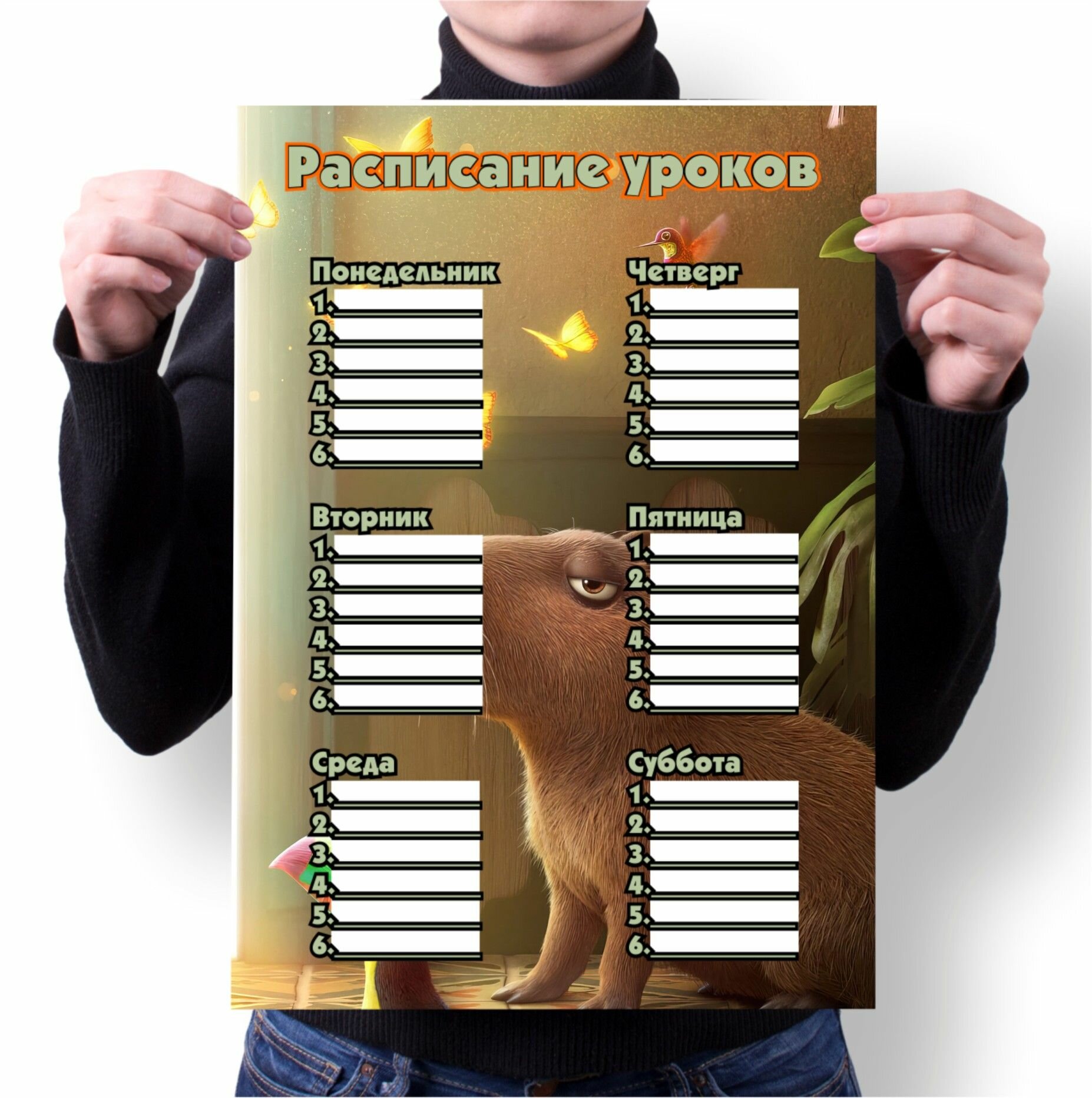 Расписание уроков формата А4, с принтом "Капибара"