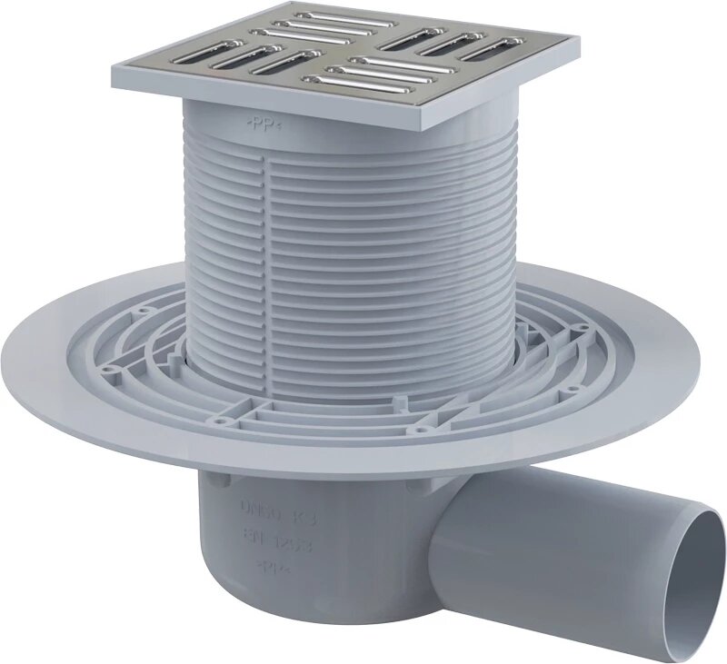 Душевой трап AlcaPlast APV1321 105x105/50 мм, с решеткой, перфорированный, хром