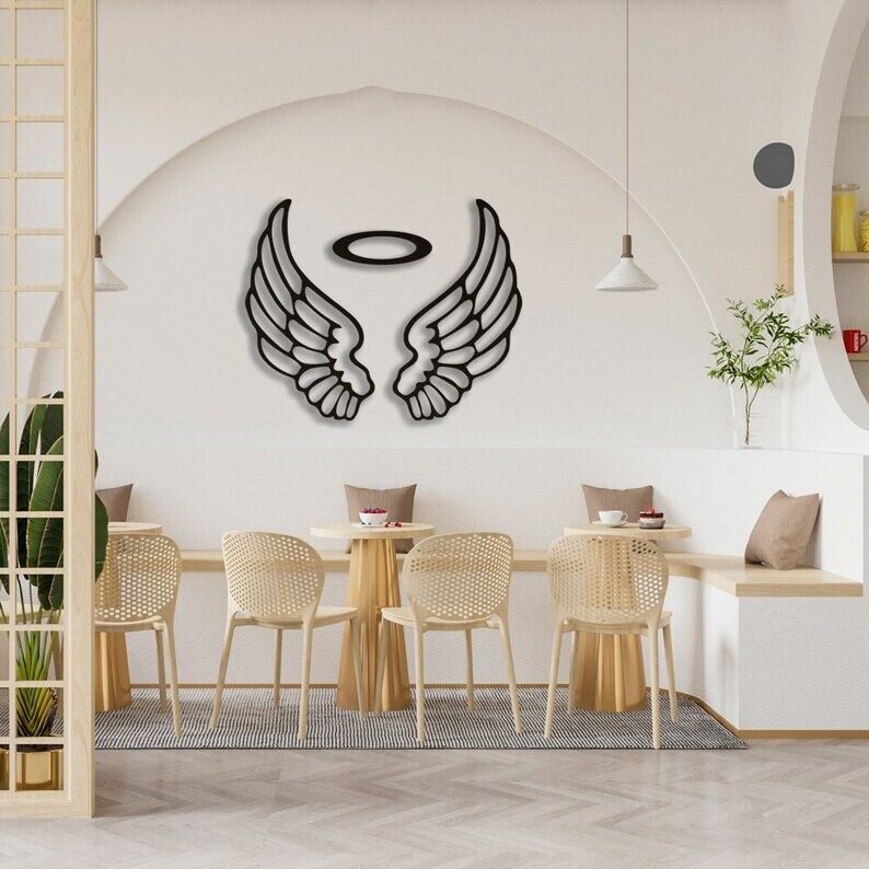 Декоративное металлическое панно, Крылья и нимб ангела, набор из 3 элементов декора (черный цвет)