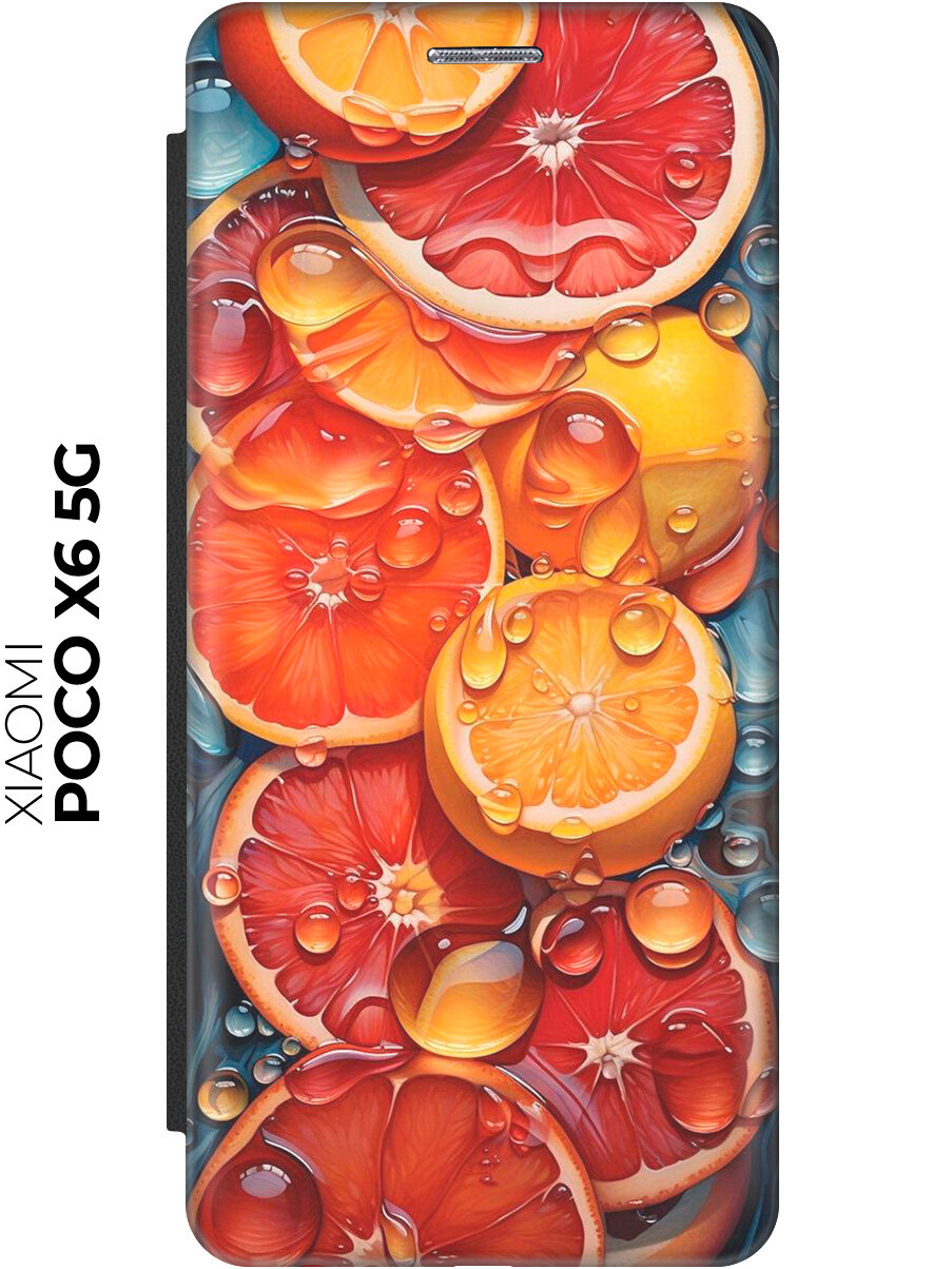 Чехол-книжка на Xiaomi Redmi Note 13 Pro 5G / Poco X6 5G / Сяоми Редми Ноут 13 Про 5г / Поко Х6 5г с рисунком "Сочные апельсины в каплях" черный