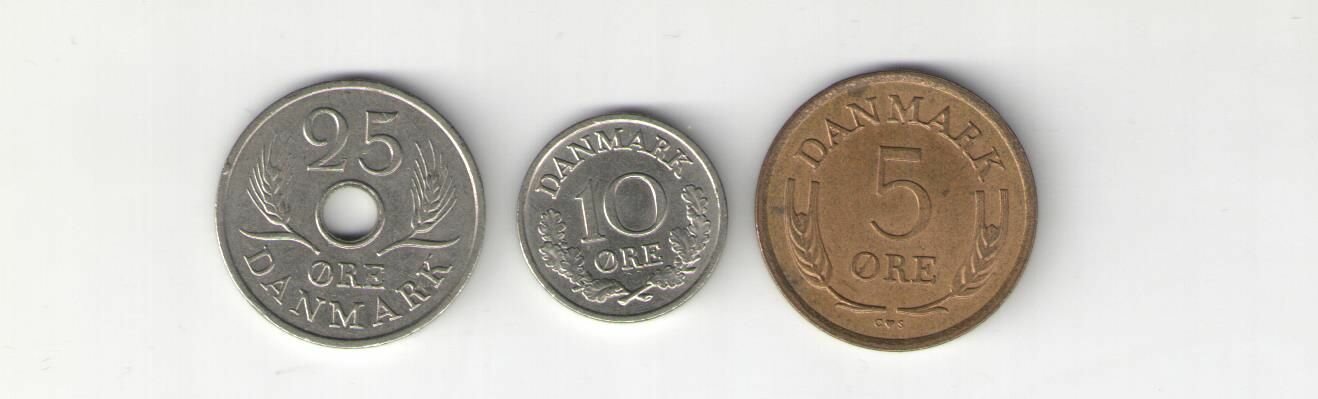 Набор монет Дании 5,10,25 эре 1960-1975 3шт
