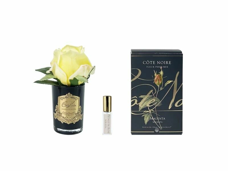 Ароматизированная роза COTE NOIRE желтый, черная ваза, 1 спрей 10 мл ВхШхД 13,5х8х8 см
