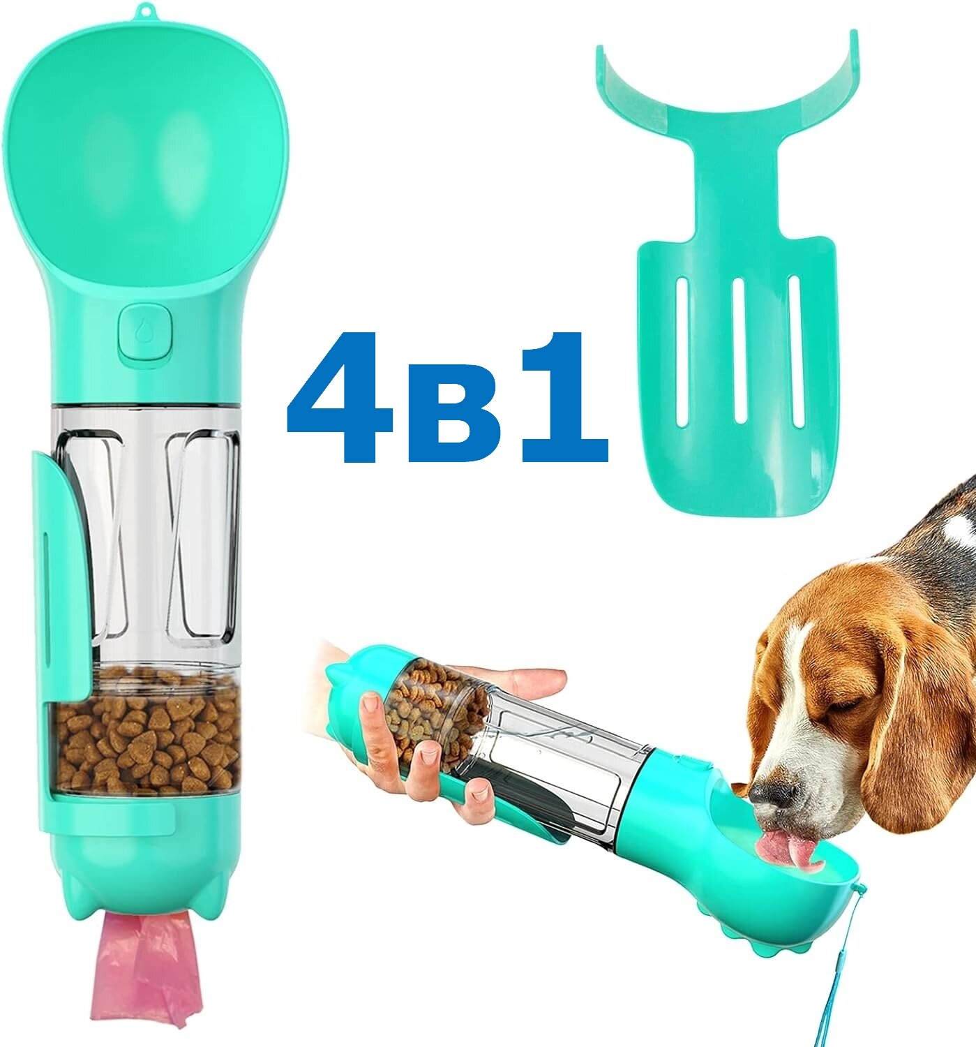 Портативная прогулочная поилка с кормушкой для собак кошек 4в1 (зелёный)