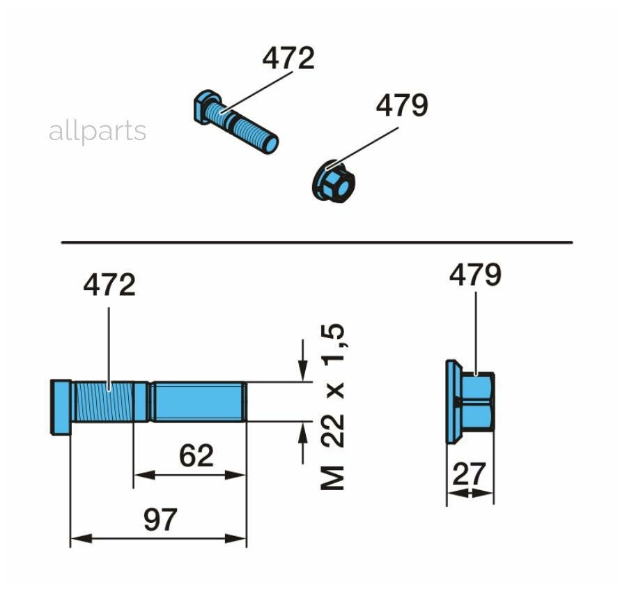 BPW 0980633680 болт колесный в сборе! (с гайкой и шайбой) M22x1.5x97/62 \BPW