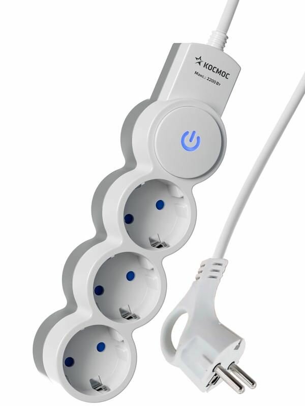 Удлинитель 3х5м с заземл. IP20 с выкл. 10А 2200Вт 220В защ. шторки ПВС 3х1 бел. Космос YKsm5m-3g-Z-V10A-W